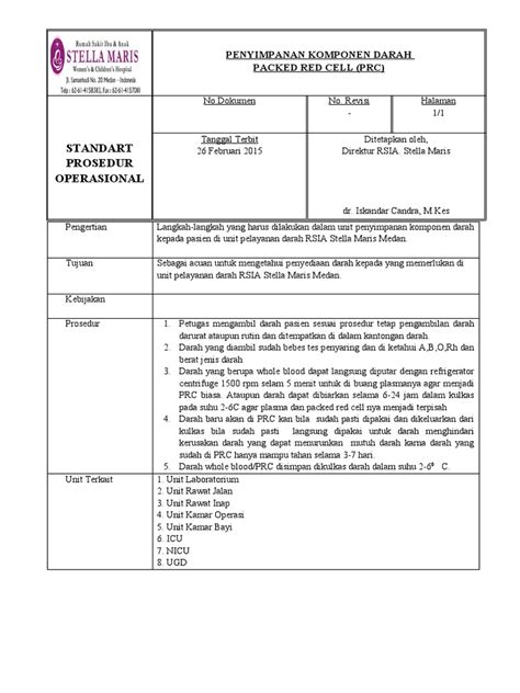 Sop Penyimpanan Komponen Darah Packed Red Cell Prc Pdf