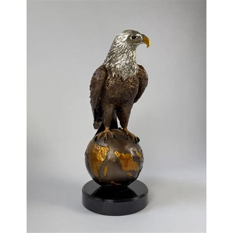 Large Bronze Bald Eagle Sculpture On Globe With Marble Base 22h