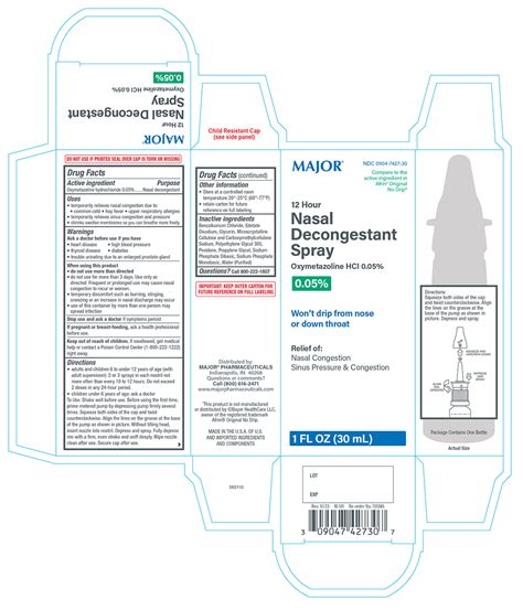 Dailymed Major Nasal Decongestant Oxymetazoline Hydrochloride Spray
