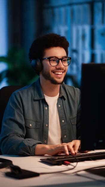 smiling freelancing developer in home office doing coding on computer premium ai generated image