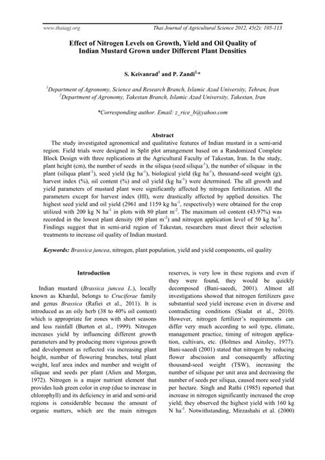 Pdf Evaluation Of Nitrogen Fertilizer And Plant Density Effects On