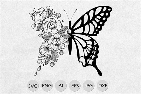 Butterfly With Floral Wing Svg Line Art