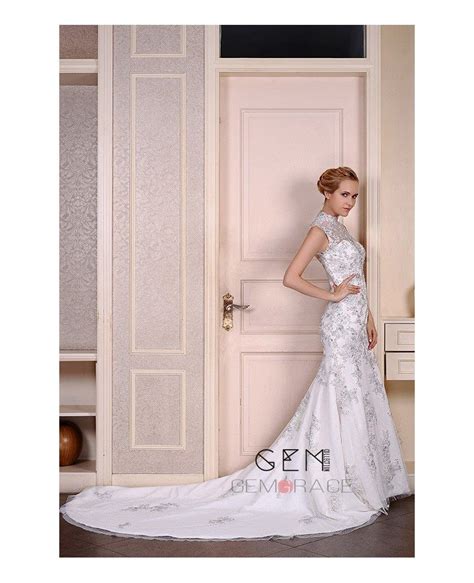 Mermaid High Neck Chapel Train Tulle Wedding Dress With Beading