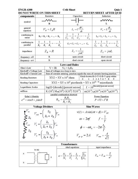 Cheat Sheet For Quiz 1 Electronic Instrumentation Engr 4300