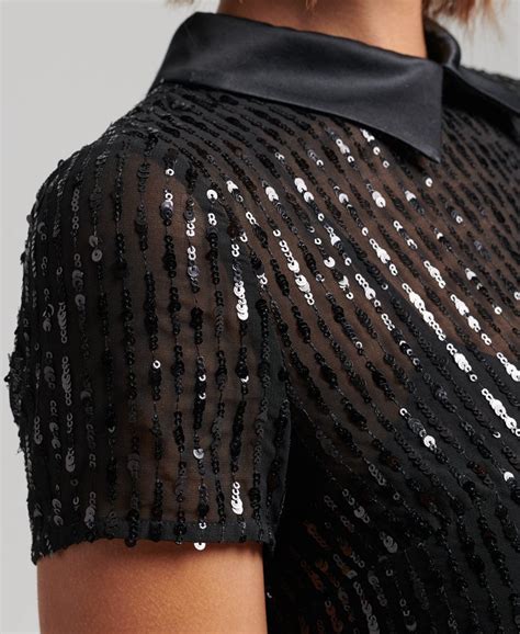 Womens Collar Sequin T Shirt Dress In Black Sequin Superdry Uk