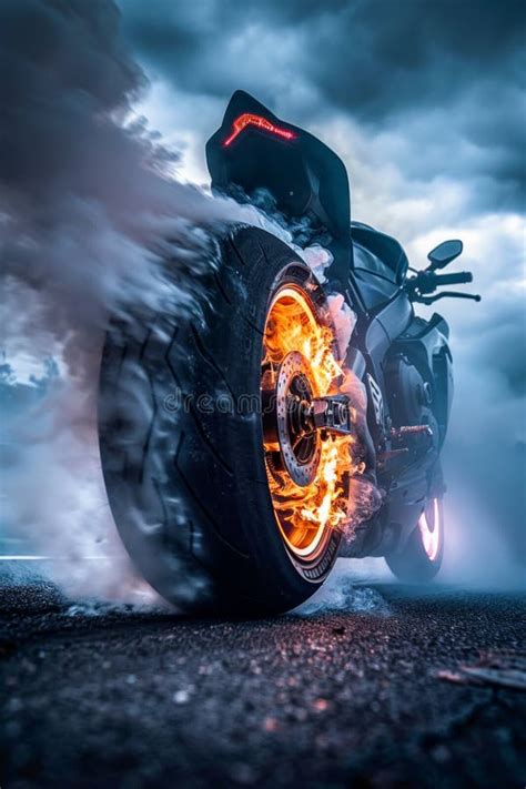 Blazing Speed Motorcycle Tire Ignited In Flames Generative Ai Stock