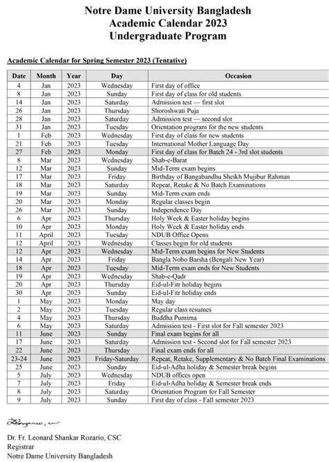 Academic Calendar For Spring Semester Tentative Notre Dame
