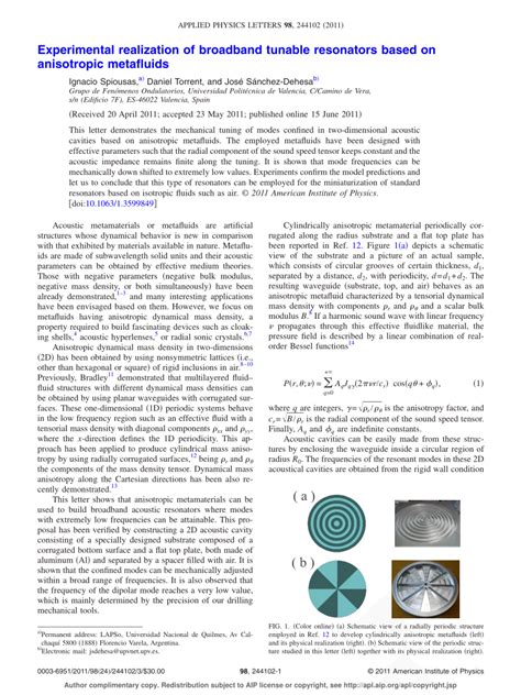 Pdf Experimental Realization Of Broadband Tunable Resonators Based On Anisotropic Metafluids