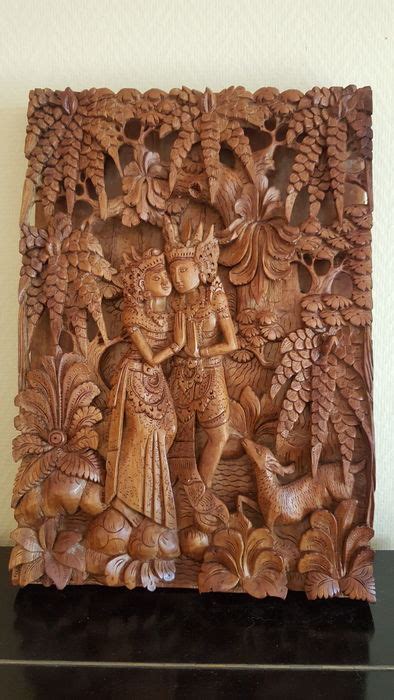 Grand panneau en bois massif sculpté dans la masse Bali Indonésie
