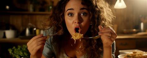 Premium Photo Young Woman Eating Tasty Pasta In Kitchen