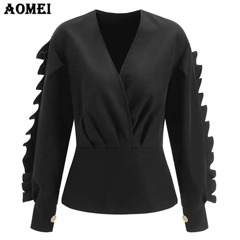 Long Sleeve Black Peplum Tops Blouse For Women Fancy Ruffles Frills