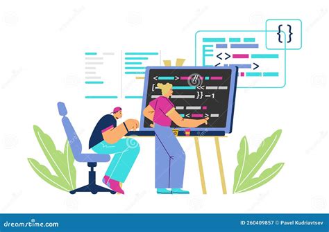 Man And Woman Writing Programming Code On Big Laptop Flat Vector Illustration Isolated On White