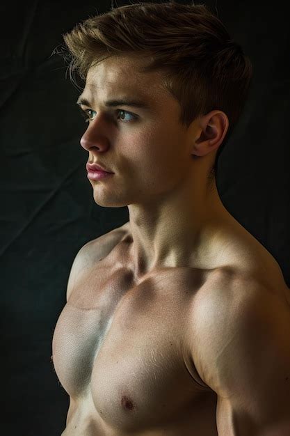 Striking Portrait Of Shirtless Hot Young Man Against Isolated Dark