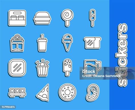 세트 라인 스테이크 고기 나무 맥주 잔 빵 토스트 롤리팝 빨대와 종이 유리 상자에 국수 커피 컵 이동 및 아이스크림 와플 콘 아이콘 벡터 0명에 대한 스톡 벡터 아트 및