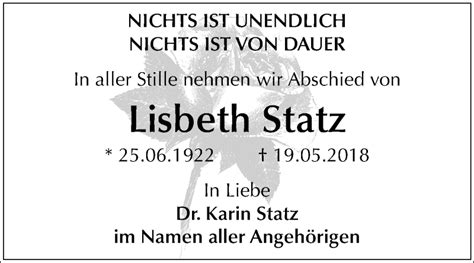 Traueranzeigen Von Lisbeth Statz Abschied Nehmen De