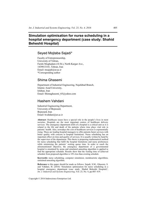 Pdf Simulation Optimisation For Nurse Scheduling In A Hospital Emergency Department Case