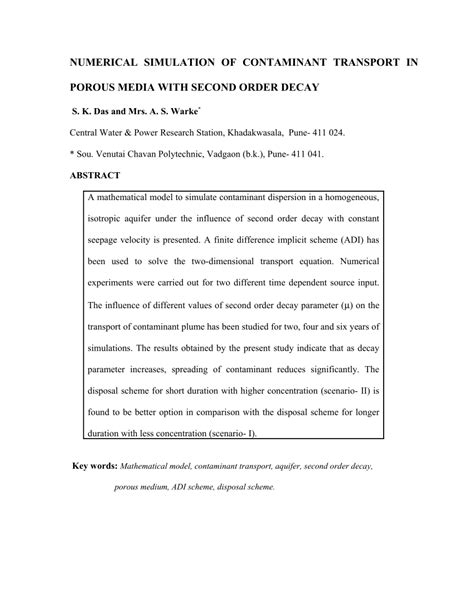 Pdf Numerical Simulation Of Contaminant Transport In Porous Media