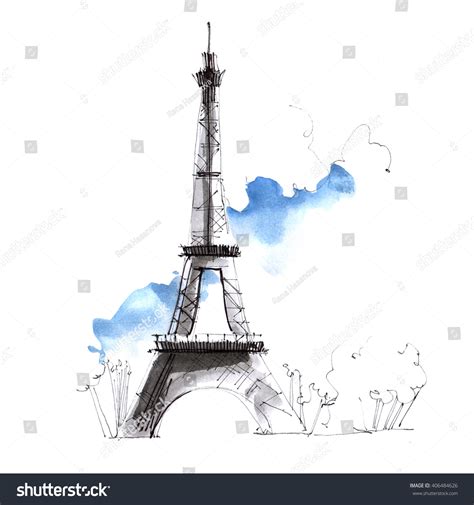 France Paris Urban Sketch Eiffel Tower Illustration On White