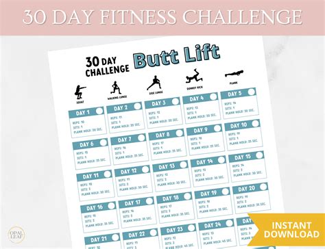 30 Day Butt Lift Challenge Fitness Challenge Tracker Workout Planner