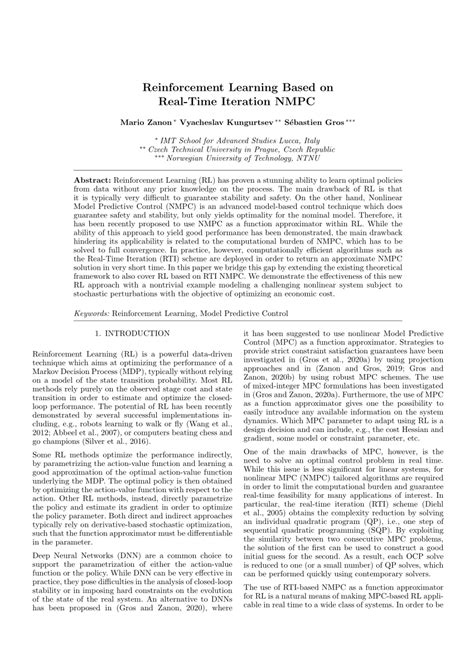 Pdf Reinforcement Learning Based On Real Time Iteration Nmpc