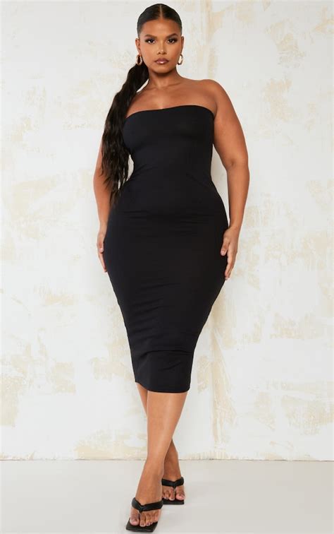 Plus Black Ribbed Bandeau Bodycon Midi Dress Plus Size