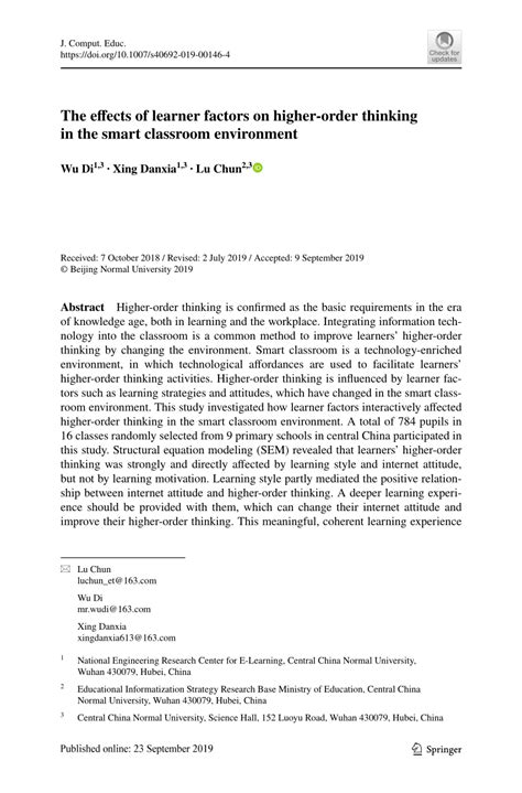 Pdf The Effects Of Learner Factors On Higher Order Thinking In The
