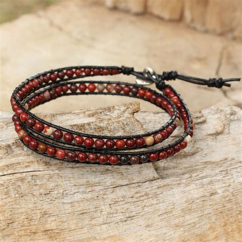 Red Jasper Beaded Leather Wrap Bracelet From Thailand Special Red