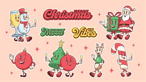 그루비 크리스마스 복고풍 캐릭터 스티커 세트 만화 산타 나무 순록 눈사람 및 선물 벡터 겨울 휴가 마스코트 템플릿입니다 Happy New Year Personage