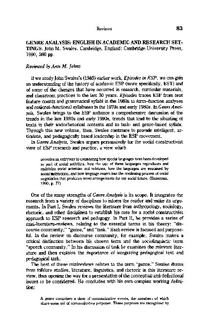 Pdf Genre Analysis English In Academic And Research Settings John M Swales