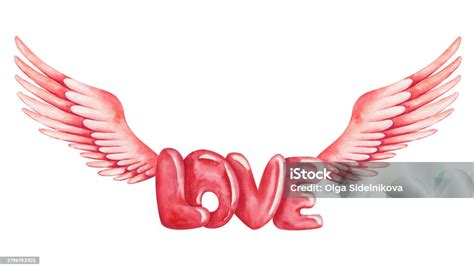 수채화 그림입니다 손으로 그린 단어 사랑 빨간색 손으로 쓴 굵은 문자 풍선 모양 날개를 펼친 큐피드 천사 사랑의 상징 고립된 클립 아트입니다 발렌타인 데이 사랑 카드 2월에