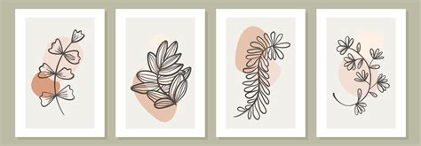 Set Of Simple Vector Art Posters In White Frame Doodle Line Art Branches And Twigs With Leaves