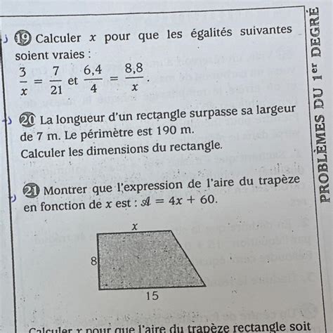 N20 La longueur d un rectangle surpasse sa largeur de 7 m Le périmètre est 190 m Calculer