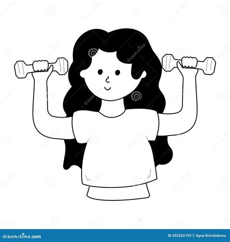 Illustration Of Doodle Cartoon Woman Doing Workout With Dumbbells