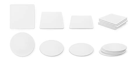 상단 및 측면 보기의 맥주 잔용 백서 컵받침 사각형 및 원형 모양의 맥주매트 스택 컵 또는 탱커드용 비어데켈 빈 판지 매트 다양한 모양의 실제 3d 벡터 모형 무료 벡터