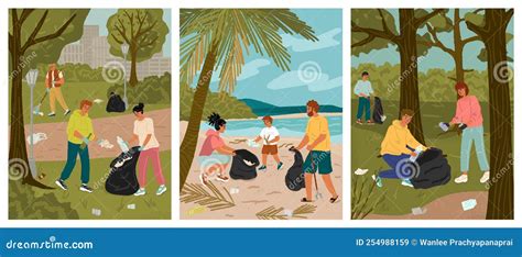 volunteers collecting garbage into bags on beach and park people clean