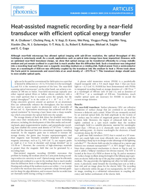 Pdf Heat Assisted Magnetic Recording By A Near Field Transducer With Efficient Optical Energy