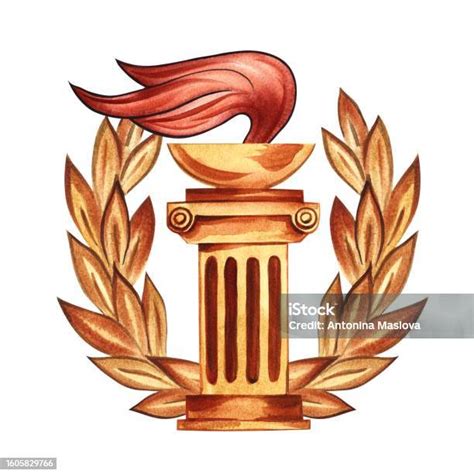 고대 그리스의 불꽃 그리스 기둥에 그릇에 횃불 승자의 월계관 수채화 손으로 그린 그림입니다 격리 배너 엽서 지문 및 직물 디자인 고대 로마에 대한 스톡 벡터 아트 및 기타