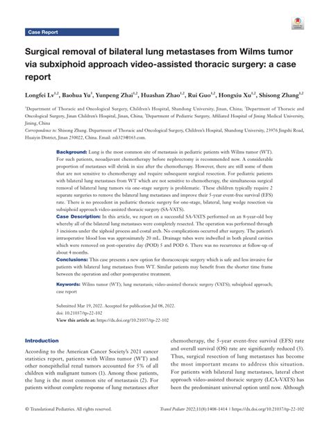 Pdf Surgical Removal Of Bilateral Lung Metastases From Wilms Tumor Via Subxiphoid Approach