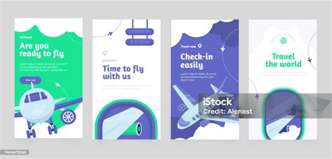 항공사 스토리 템플릿 앱 개념 미디어 빈너 트렌디 한 비행기 게시물 소셜 미디어 팩 온라인 여행 벡터 그림 여행 주제에 대한 스톡 벡터 아트 및 기타 이미지 Istock