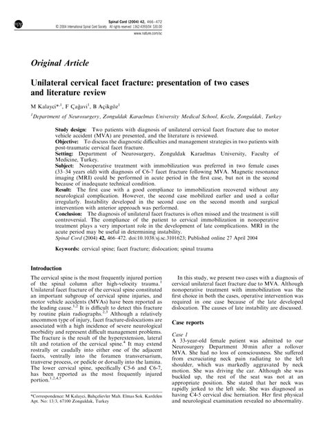 Pdf Unilateral Cervical Facet Fracture Presentation Of Two Cases And Literature Review