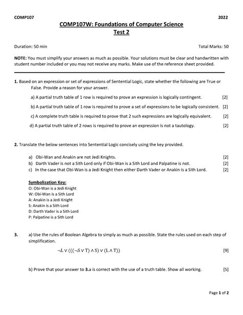 Test 2 Test 2 COMP107 2022 Page 1 Of 2 COMP107W Foundations Of Computer Science Test 2