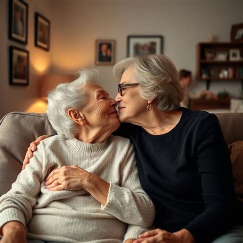 Heartwarming Moment Grandmother And Woman Share A Tender Kiss