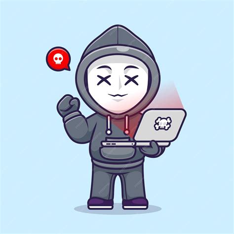 귀여운 해커 운영 노트북 만화 벡터 아이콘 그림 사람 기술 아이콘 절연 플랫 무료 벡터