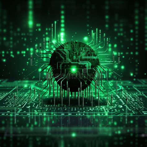 A Computer Circuit Board With Green Lights On It Stock Illustration