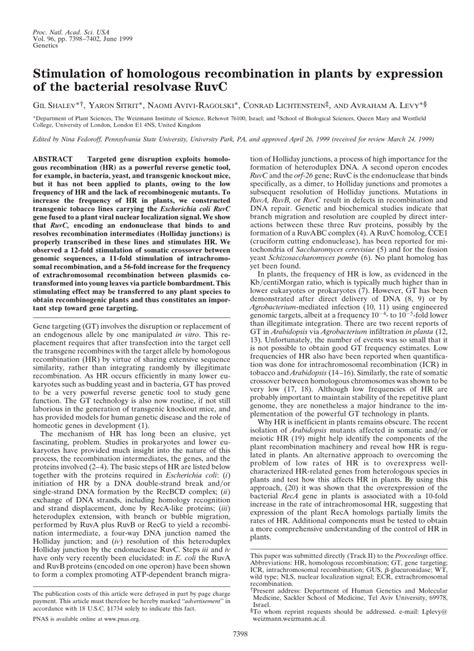 Pdf Stimulation Of Homologous Recombination In Plants By Expression