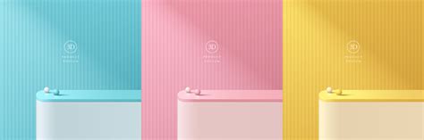 현실적인 노란색 파란색 및 분홍색 둥근 모서리 스탠드 연단이 있는 3d 벡터 장면 배경 세트 추상적인 미니멀 스튜디오 룸 모형