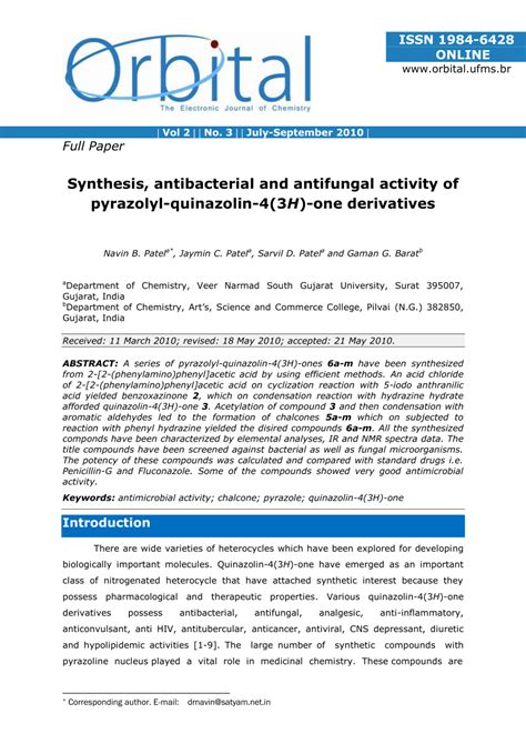 Pdf Synthesis Antibacterial And Antifungal Activity Of Pyrazolyl Quinazolin 4 3h One Derivatives