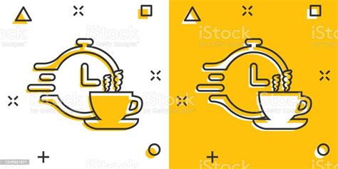코믹 스타일의 커피 브레이크 아이콘 흰색 고립 된 배경에 티 컵 만화 벡터 일러스트와 시계 아침 식사 시간 시작 효과 비즈니스 개념 계시기에 대한 스톡 벡터 아트 및 기타