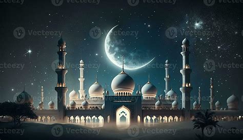 Beautiful Islamic Mosque Landscape Crescent Moon Background Photo