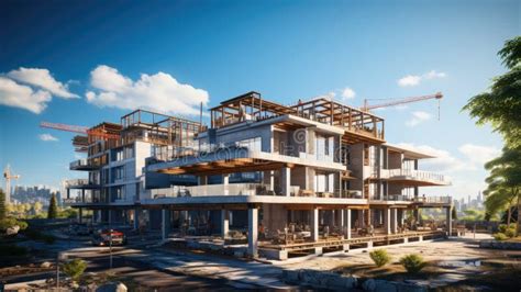 Modern Building Under Construction Against Construction Work Site